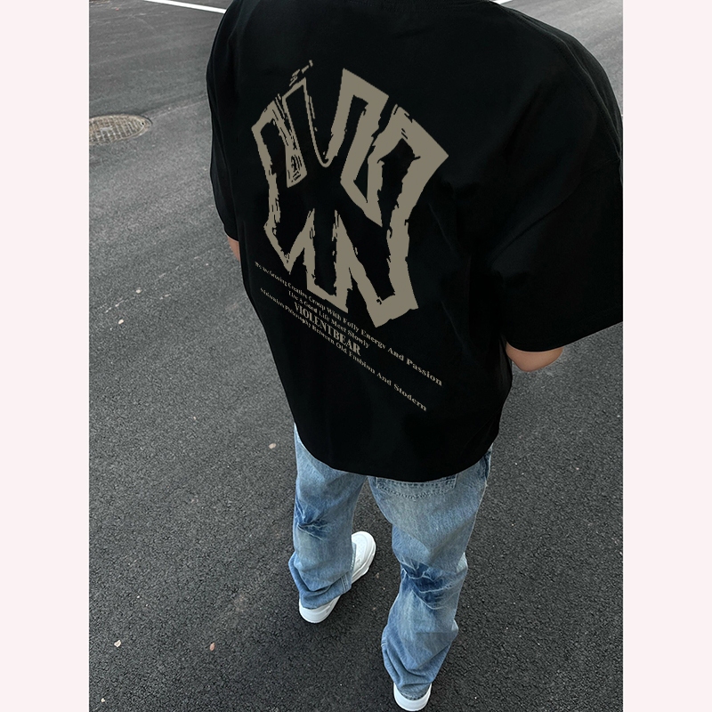FPA 【 New Product 】Black cotton plus size men's T-shirt American retro ...