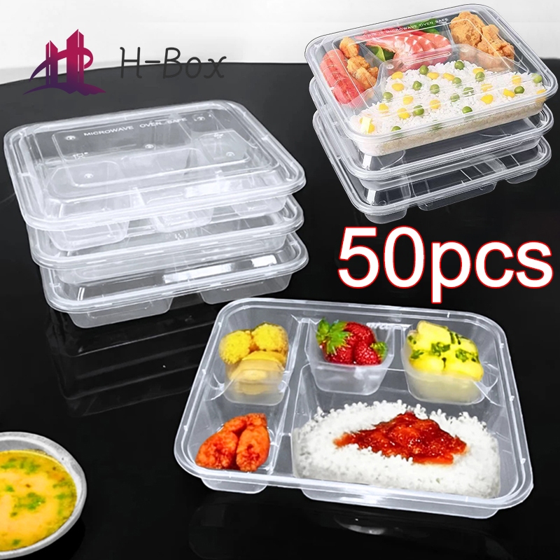 50pcs Microwave Food Box Multi-Grid Meal Box With Plastic Lid ...