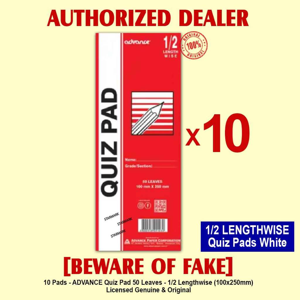 ADVANCE Quiz Pad Pads 1/2 LENGTHWISE 100x250mm 50 Leaves Intermediate ...