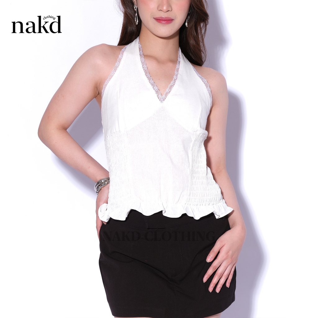 NAKD FASHION KALYN BASIC COTTON LINEN LACE V NECK HALTER SELF TIE ...
