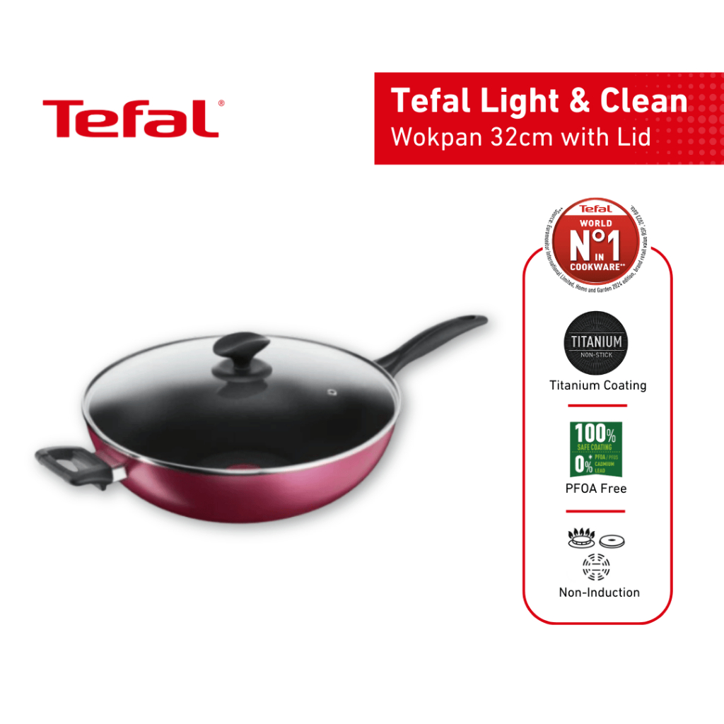 Tefal Light & Clean Wokpan 32cm + Lid Non stick,No.1 Cookware*, PFOA Free, 16K resistant ...