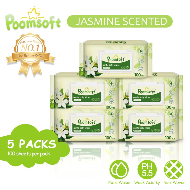 Poomsoft 5 Packs x 100 Sheet Jasmine Scented No-Alcohol Gentle Baby ...