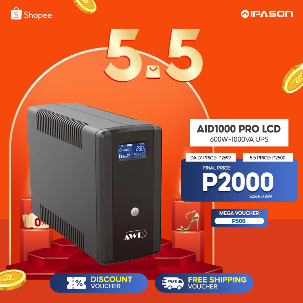 AWP AID1000 Pro Aide LCD 600W-1000VA UPS with AVR Uninterruptible Power ...