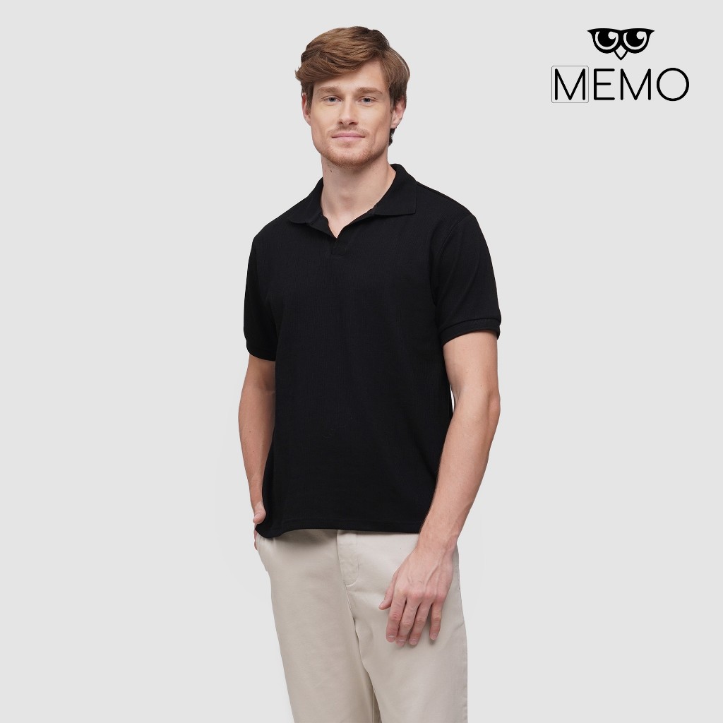 Memo Textured Open Collar Polo For Men (Black) | Shopee Philippines