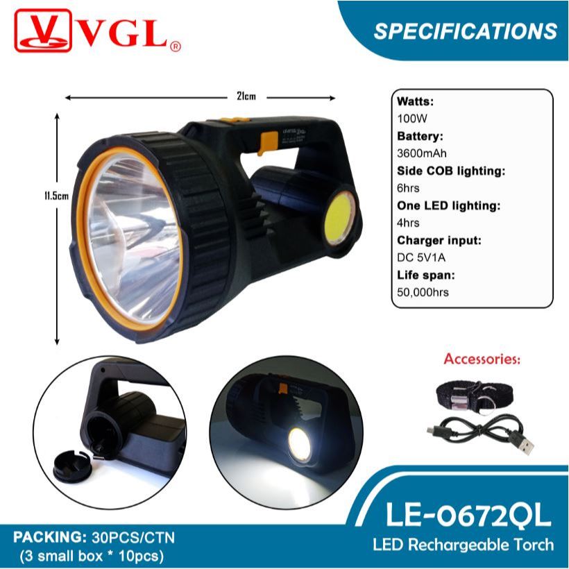 VGL HEAVY DUTY RECHARGEABLE FLASHLIGHT ( LE-0672QL ) | Shopee Philippines