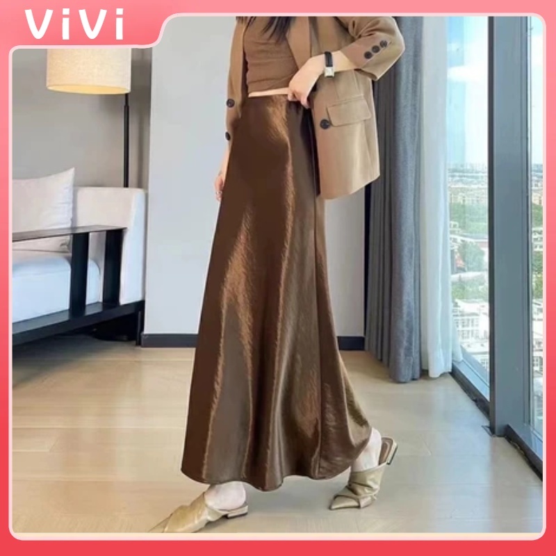 ViVi Korean Casual A-line Satin Palda Mermaid Wrap Long Skirt for Woman ...