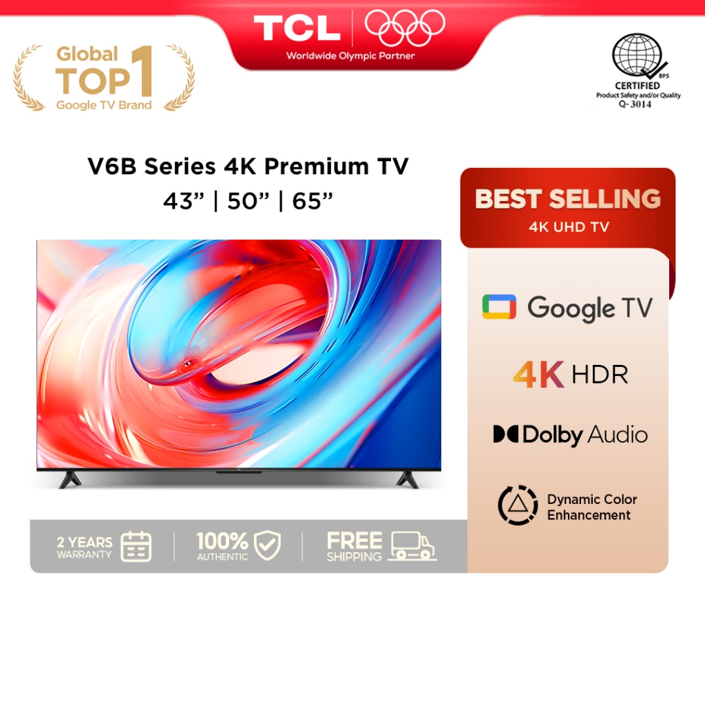 TCL V6B 4K Smart Google TV - (HDr, Voice control, Netflix, Youtube, Chromecast, Dolby) 43 50 65 ...
