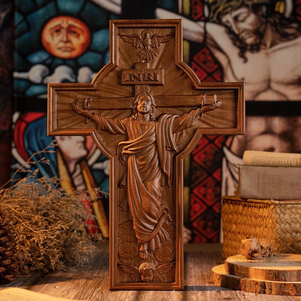 Wall Hanging Ornaments Christian Cross Jesus Wood Carving Cross Rise ...