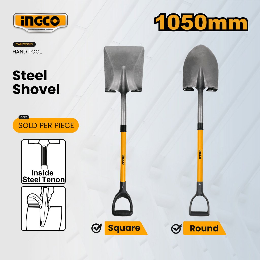 Ingco 105cm Square/Round Steel Shovel with Fiberglass Handle Garden ...