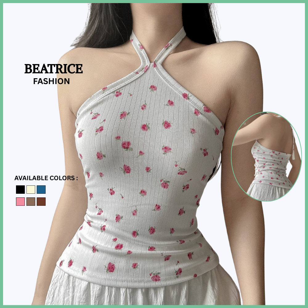 BFS Nina Floral Knitted V Top Halter Backless Full Length Top for Women ...