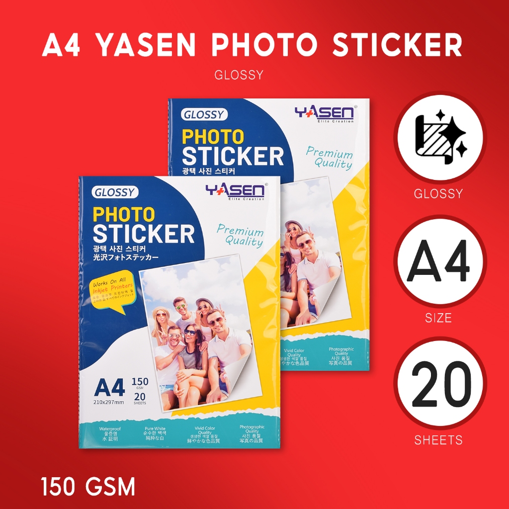 Yasen A4 Glossy Photo Sticker 150GSM Self-Adhesive Label Sticker 20 pcs ...