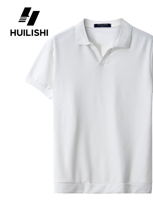 HUILISHI Vertical Texture Knitted Cotton Men's Short Sleeve Polo Casual ...