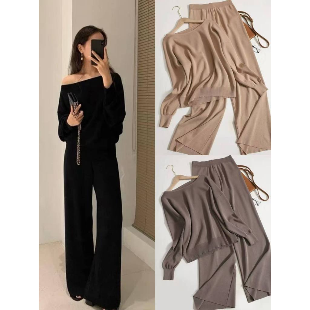Miss M Long Sleeve One Shoulder Top & Garter Wide Leg Pants Oversize ...