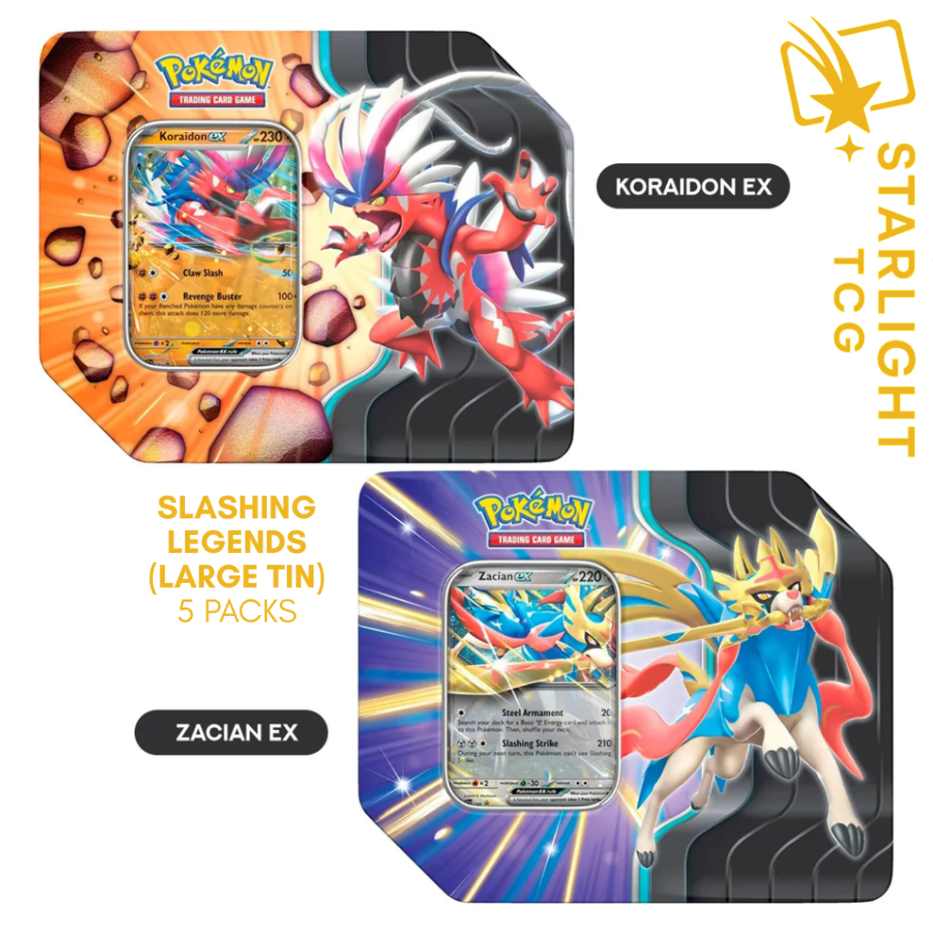 Pokemon TCG Slashing Legends Tin 5 Booster Packs (Koraidon ex, Zacian ...