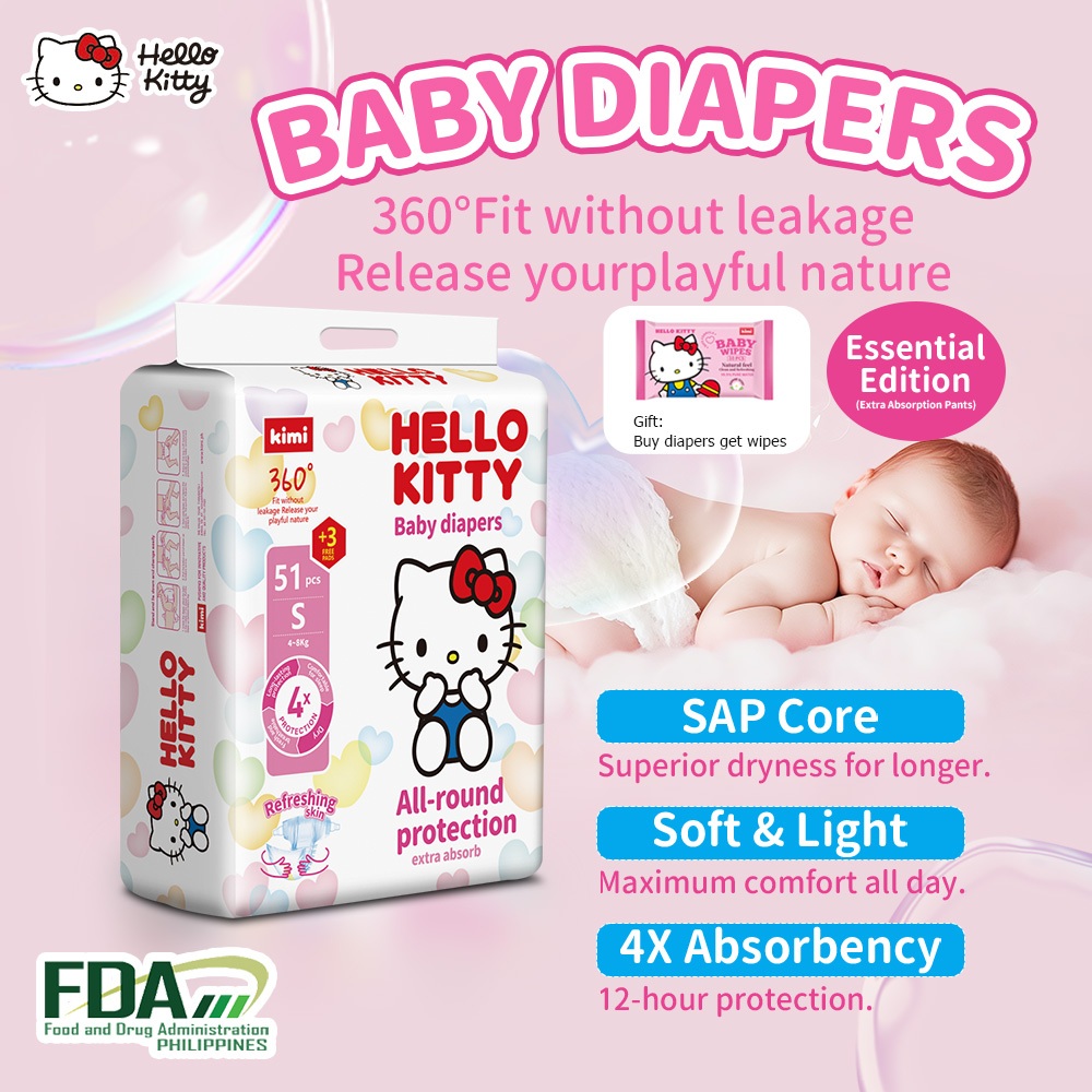 Hello Kitty Baby Diapers Fluff Pulp Tape Baby Disposable Diapers S,M,L ...