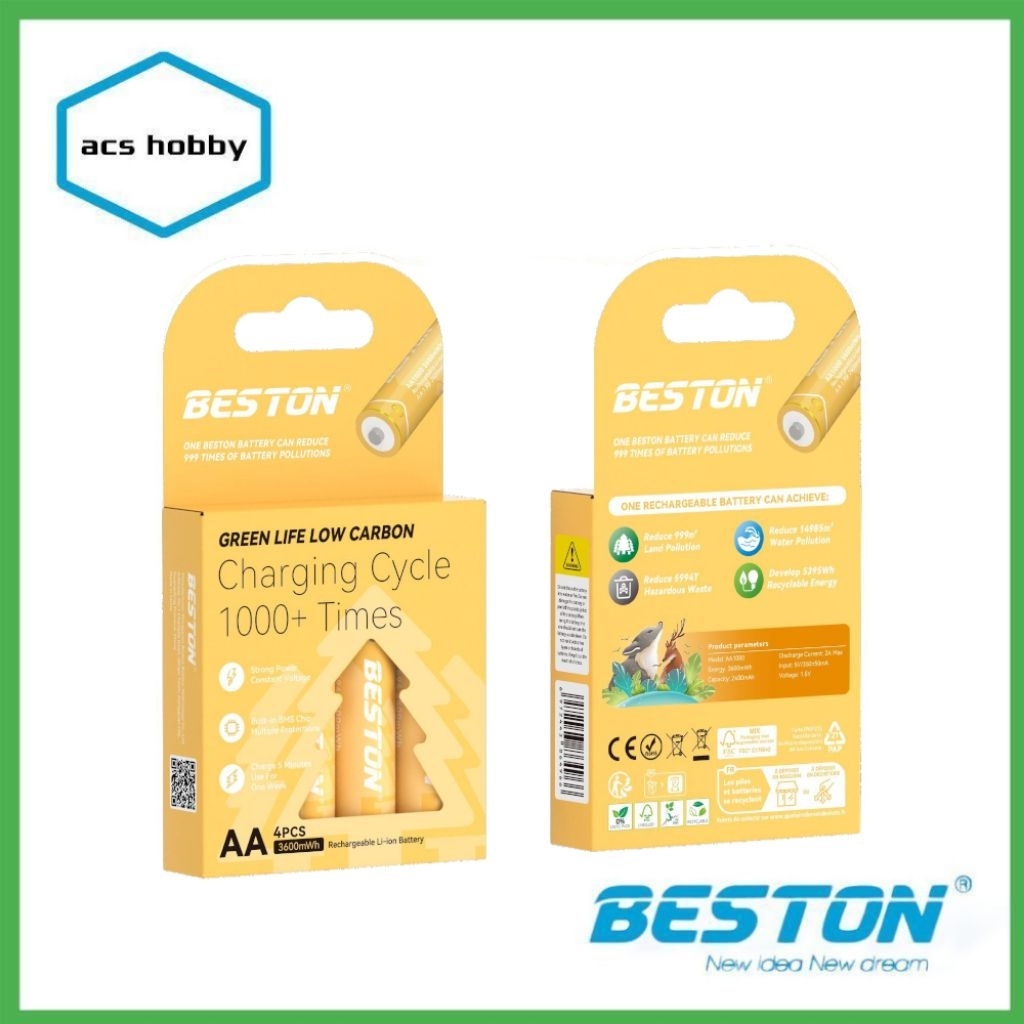Beston Energy AA Waterproof Li-ion 3600mWh Rechargeable Battery (4 pcs ...