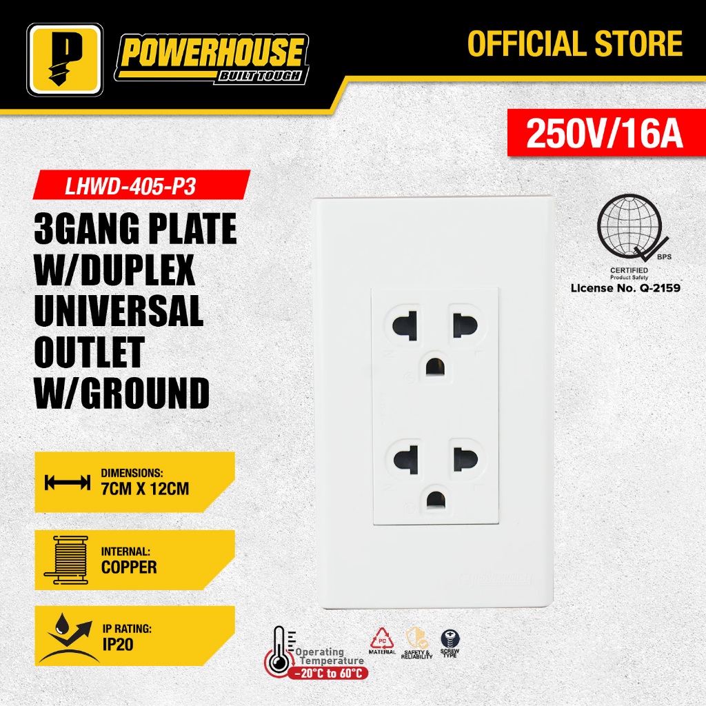 POWERHOUSE Electric 3 Gang Plate w/ Duplex Universal Outlet w/ Ground ...