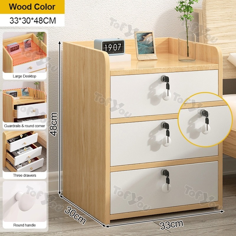 With lock 3 Tier Bedside Table With Drawer Bedroom File Storage ...