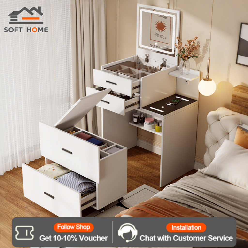 SOFTHOME Wireless Charge Dressing Table Bedside Cabinet with USB Flip ...