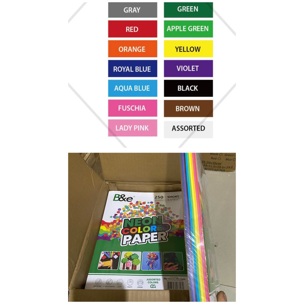 B&E COLORED PAPER NEON COLOR 1REAM 250pcs ASSORTED 10COLOR(WITH BLACK ...