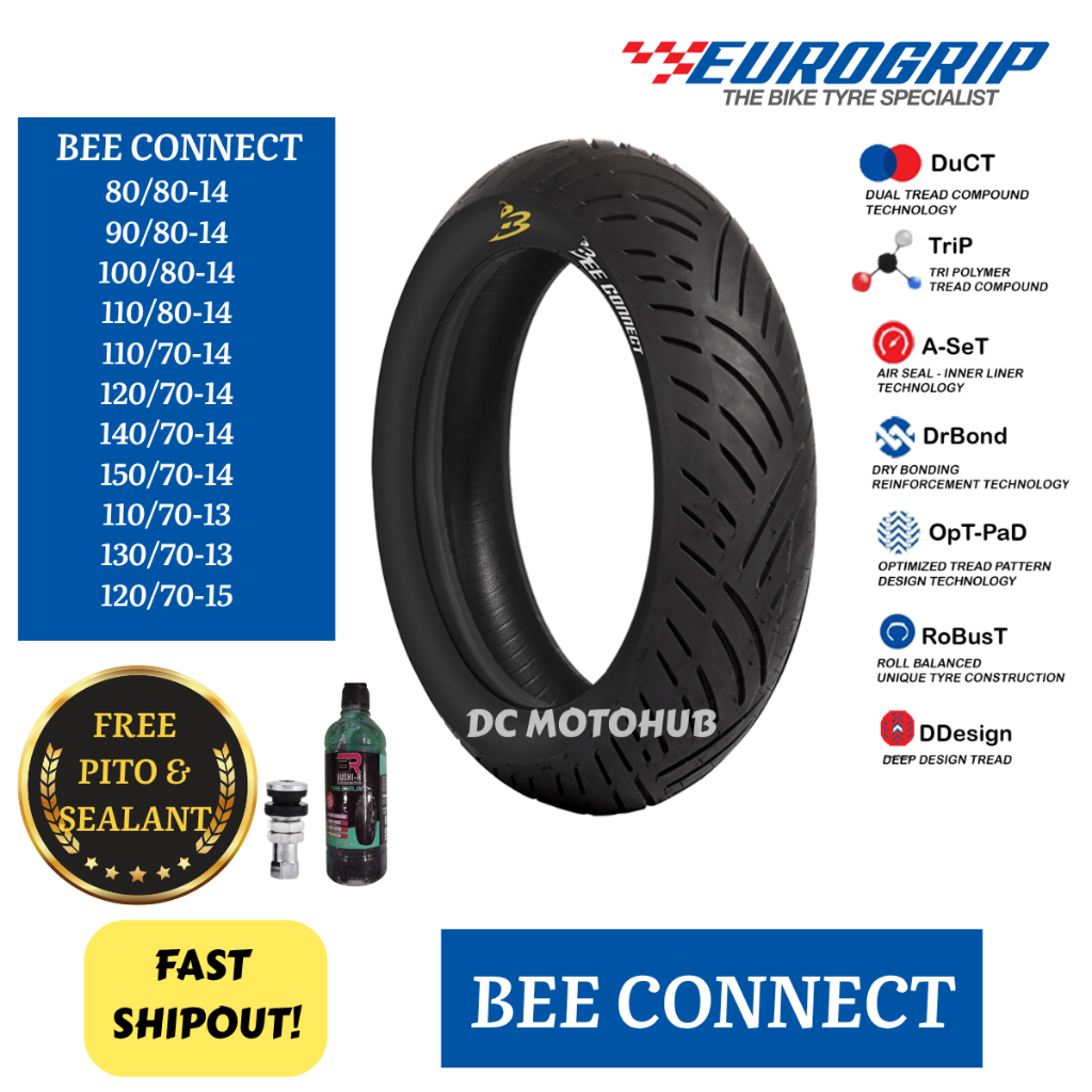 Eurogrip Bee Connect Tubeless Tire 13s 14s 15s with Free Pito and ...