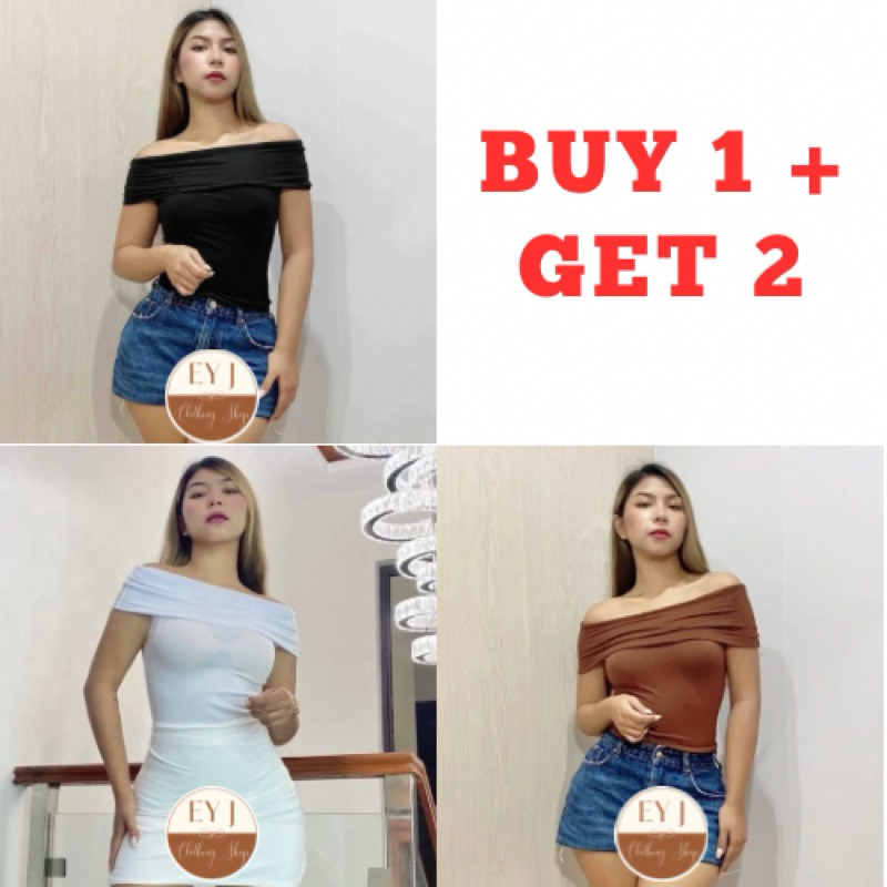 BUY 1 + GET 2 FREE (3PCS) Hevie Off Shoulder Basic Crop Top Plain Womenswear Comfort Cotton ...