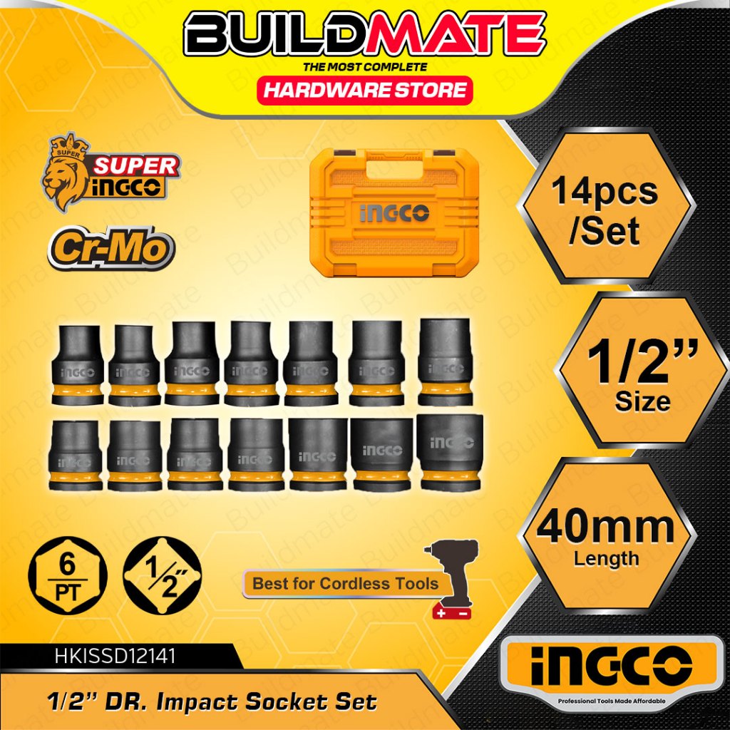 Buildmate x INGCO 14PCS Dr. Impact Socket Set 1/2" Inch with Case Nut ...