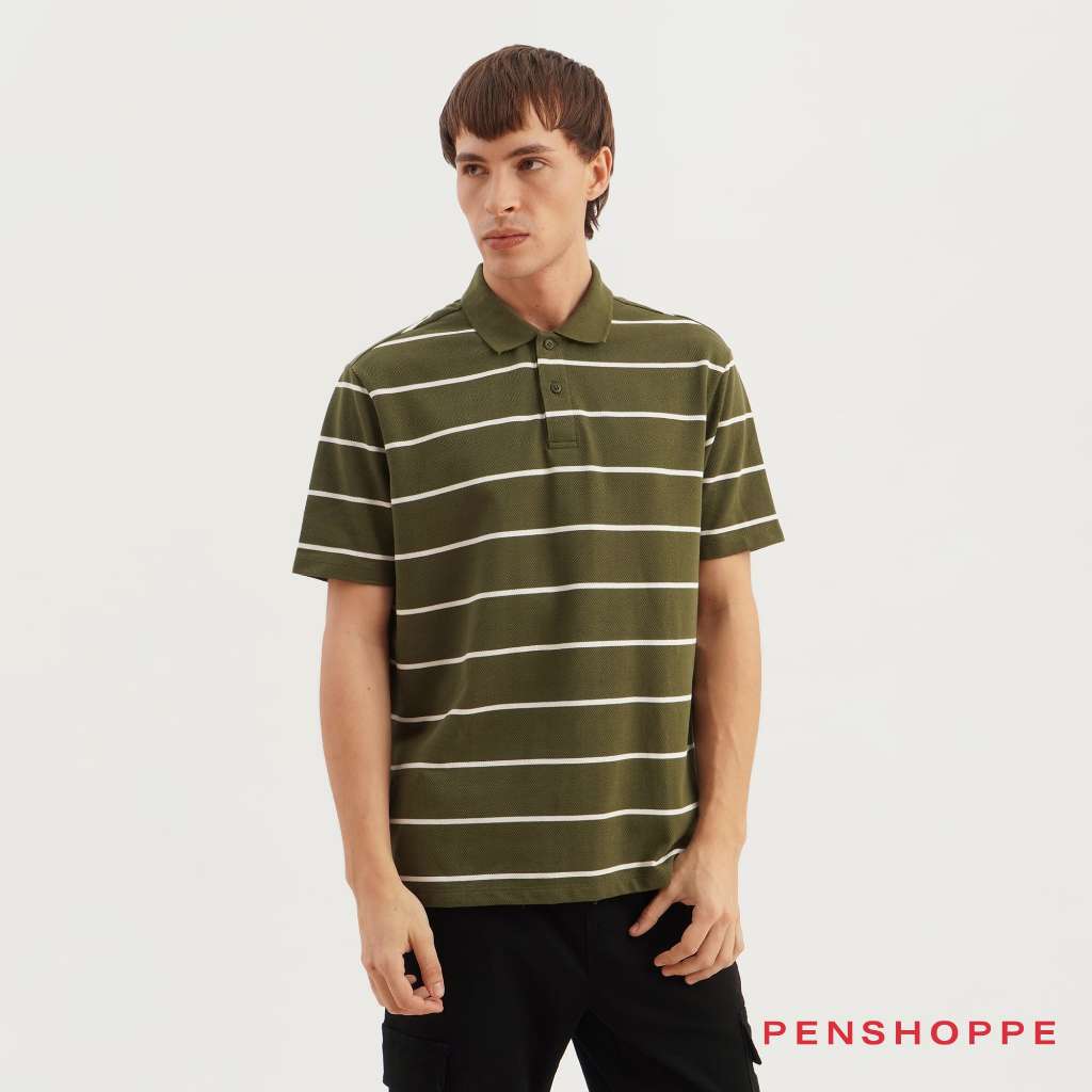 Penshoppe Relaxed Fit Striped Polo For Men (Olive/Off White) [Polo ...