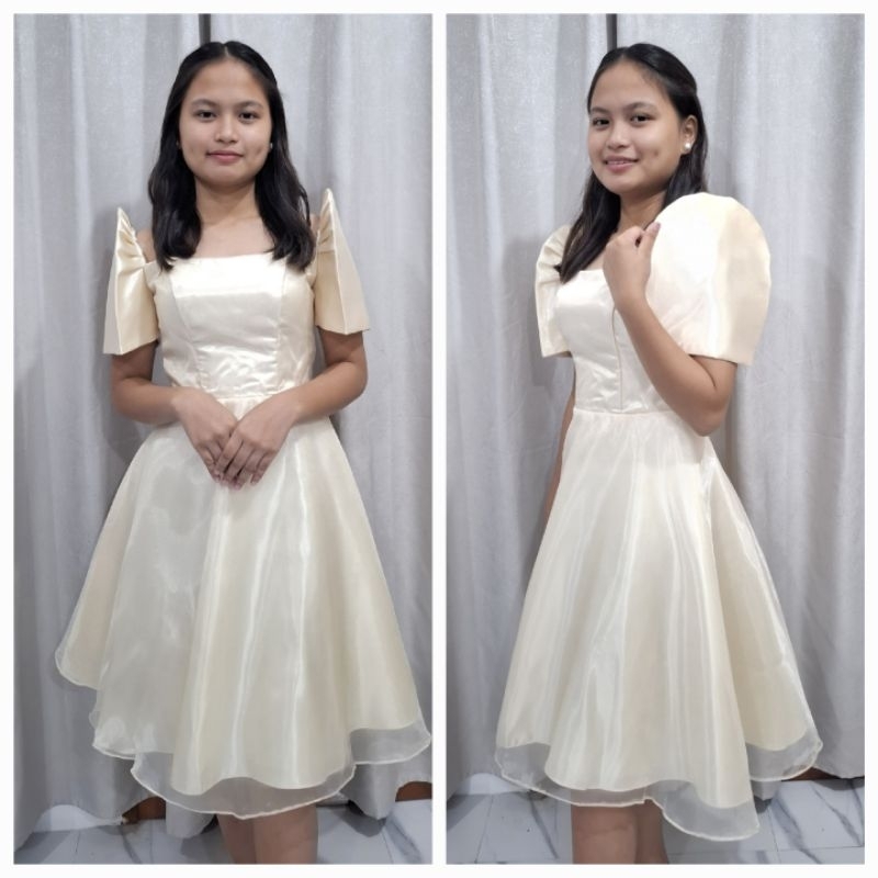 Modern Filipiniana A-Line Midi Dress in Beige for Women - Casual Style ...