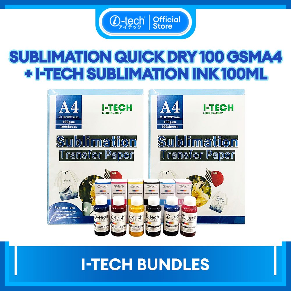 I-tech bundle Sublimation paper quick dry 100 GSMA4 with I-tech subli Ink 100ml (Random color ...