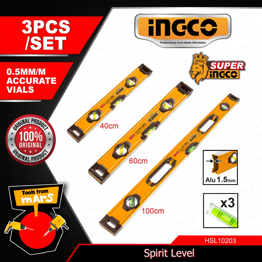 INGCO 3pcs Spirit Level Set 40cm-100cm Multi-Purpose Bubble Alignment ...