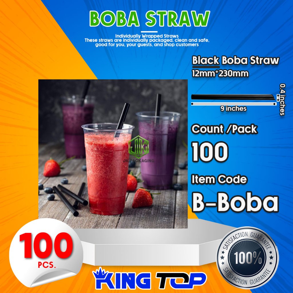 Boba Straw【 B-Boba 100 PCS】Black Disposable Jumbo Smoothie Straws ...