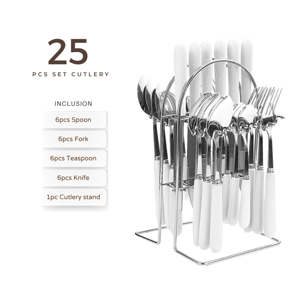 CASSIE【25pcs SET】 Ceramic Cutlery Pure White Ceramic Handle Stainless ...