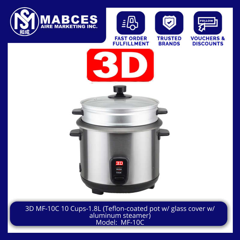 3D MF-10C 10 Cups-1.8L (Teflon-coated pot w/ glass cover w/ aluminum steamer) | Shopee Philippines