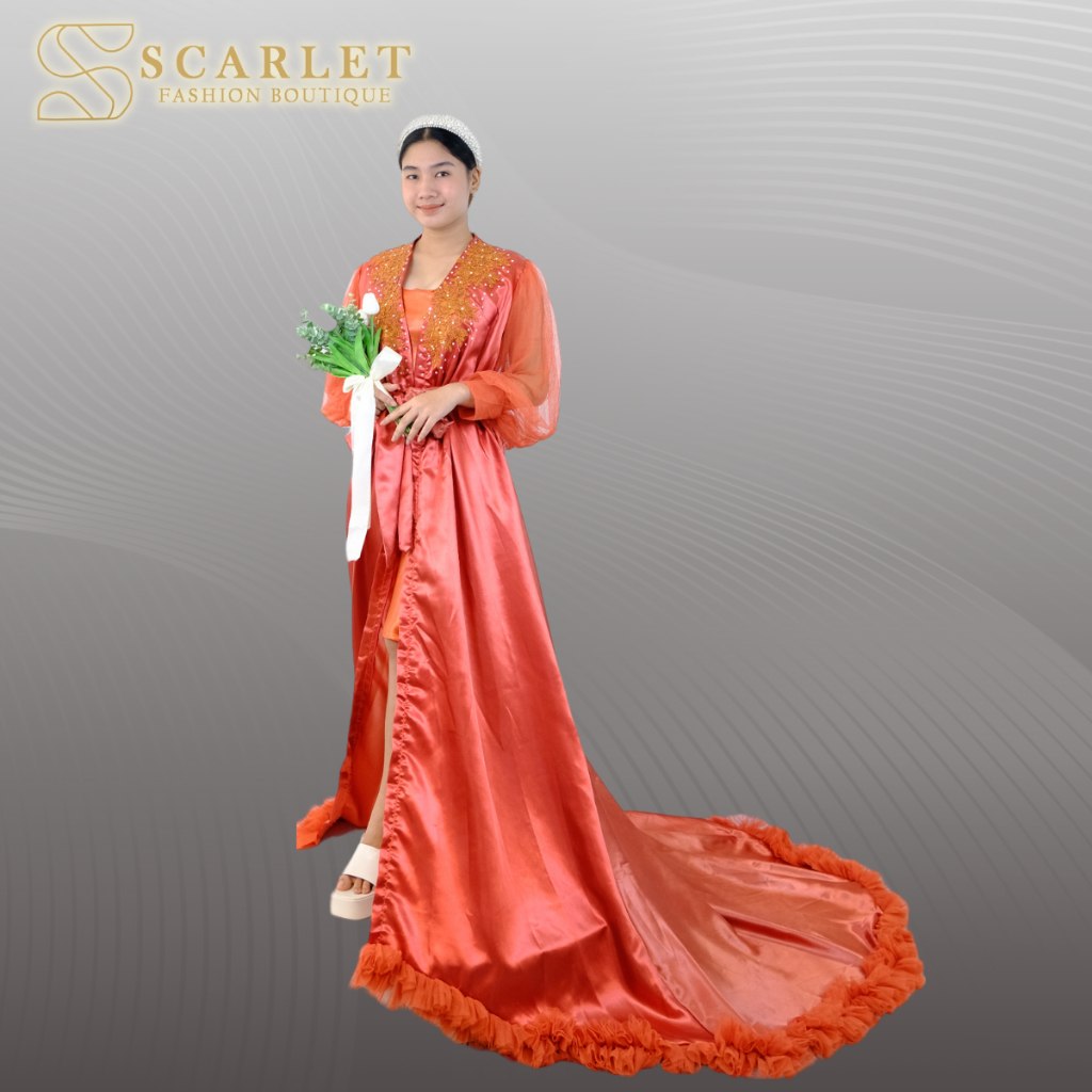 Bridal robe satin and soft tulle button sleeves long back - robe and ...