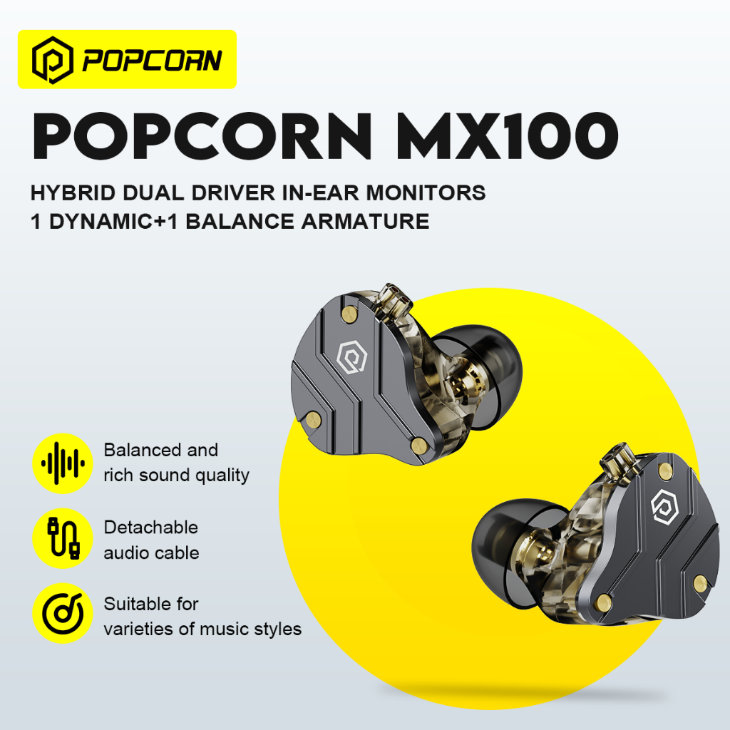 Popcorn MX100 Dual Hybrid Driver In-Ear Monitor Noise Cancelling ...