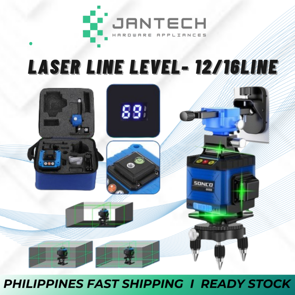 JANTECH 12/16 Line Laser Level Green Light Self-Leveling 360° Rotary ...
