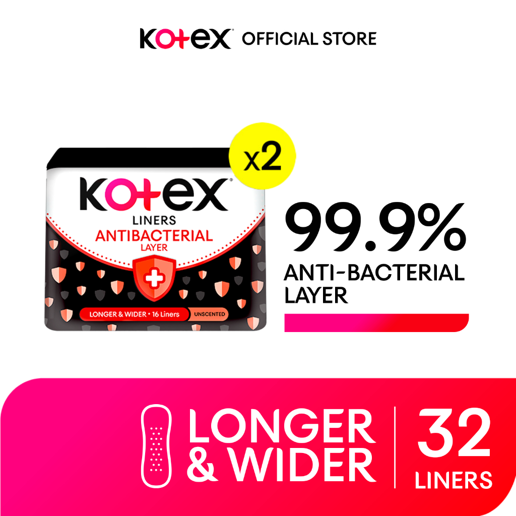 Kotex Antibacterial Longer & Wider Liners - 16 Liners x 2 Packs (32 Liners) | Shopee Philippines