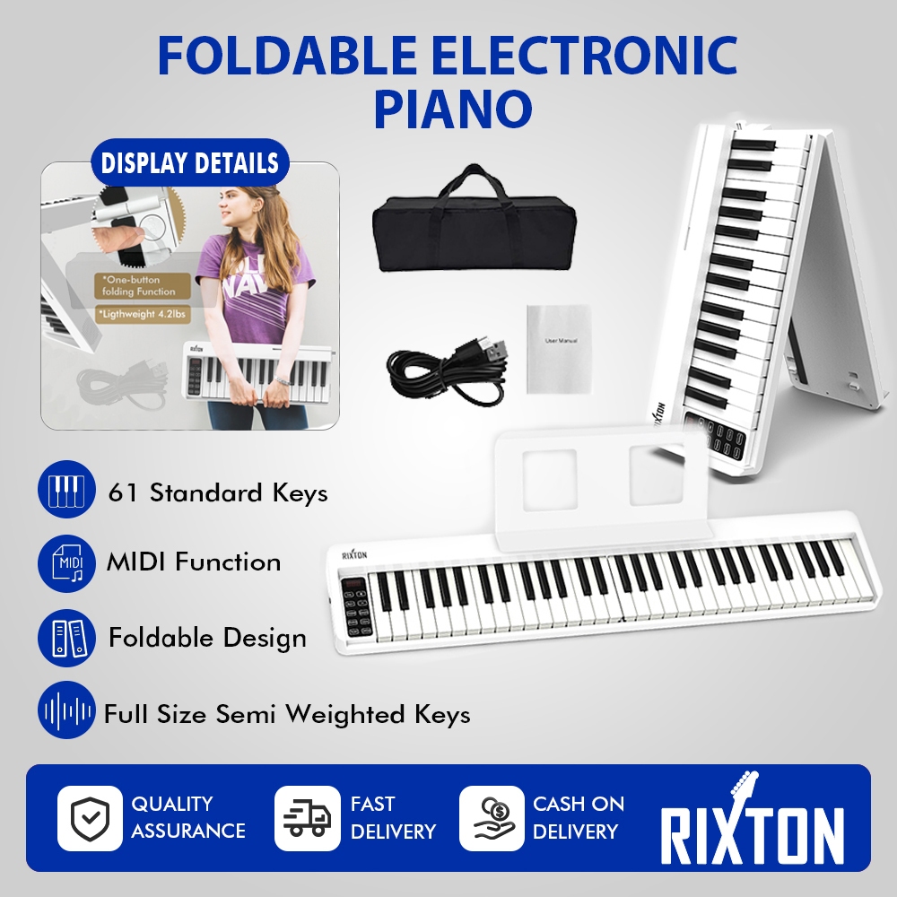 RIXTON Foldable 61 Keys Keyboard Folding Piano Keyboard Full Size Semi Weighted Keys Complete ...