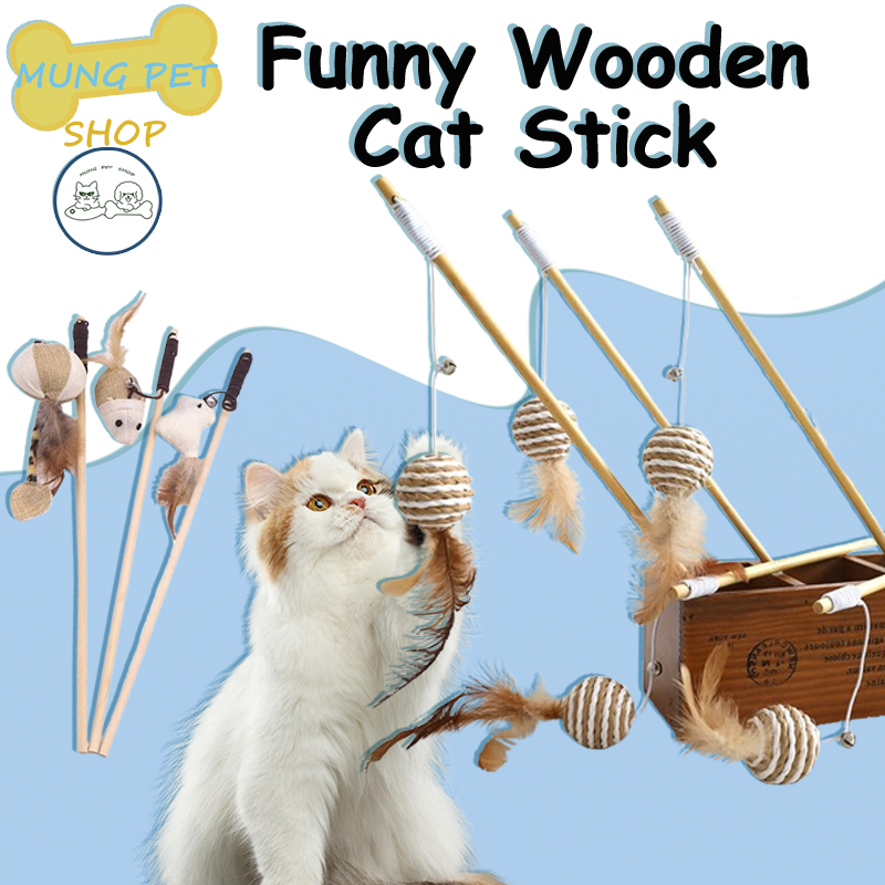 Pets Cat Toy Interactive Feather Teaser Wand Stick Wooden pole teasing ...