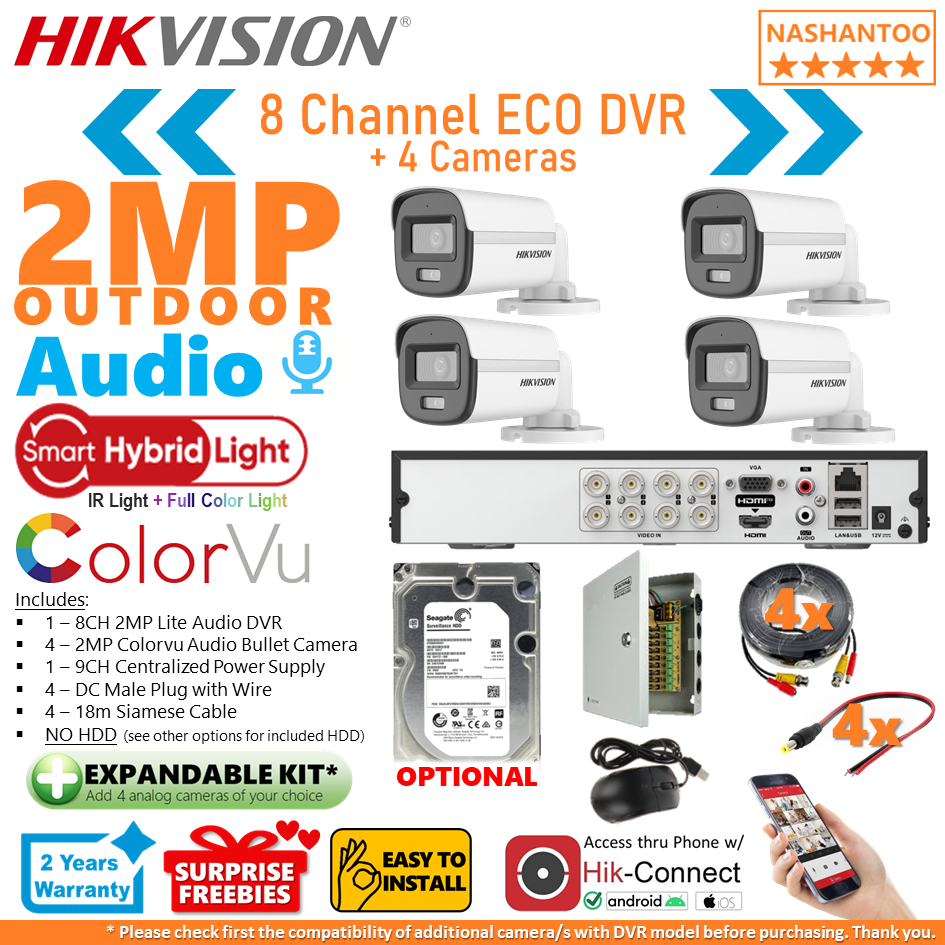 HIKVISION 8CH 2MP ColorVU Audio 4Camera Outdoor DIY CCTV Package Kit 8 ...