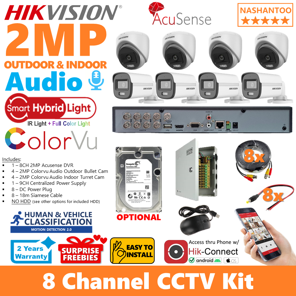 Special Package! HIKVISION 8Ch 2MP Colorvu Audio CCTV Package Kit VIP 8/8CRA2 ACU-CPS+CABLE(4B4D ...