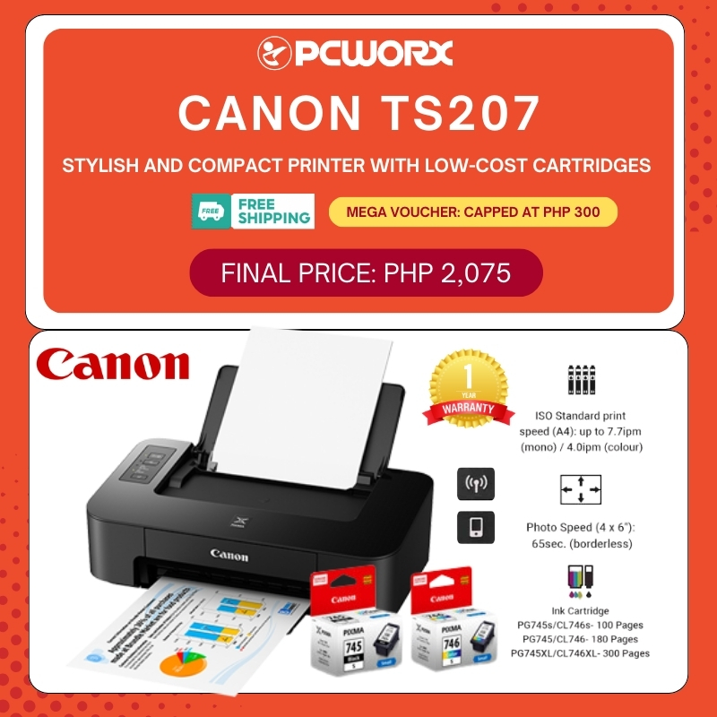 Canon TS207 Inkjet Printer Single Function Compact Printer with Low ...