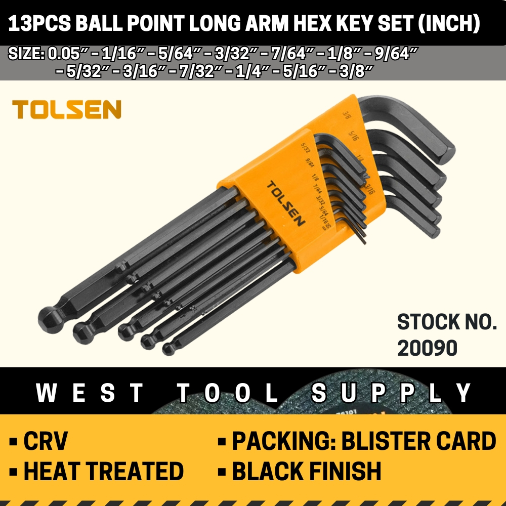 Tolsen 13PCS Ball Point Long Arm Allen Hex Key Set (Inches) Black ...