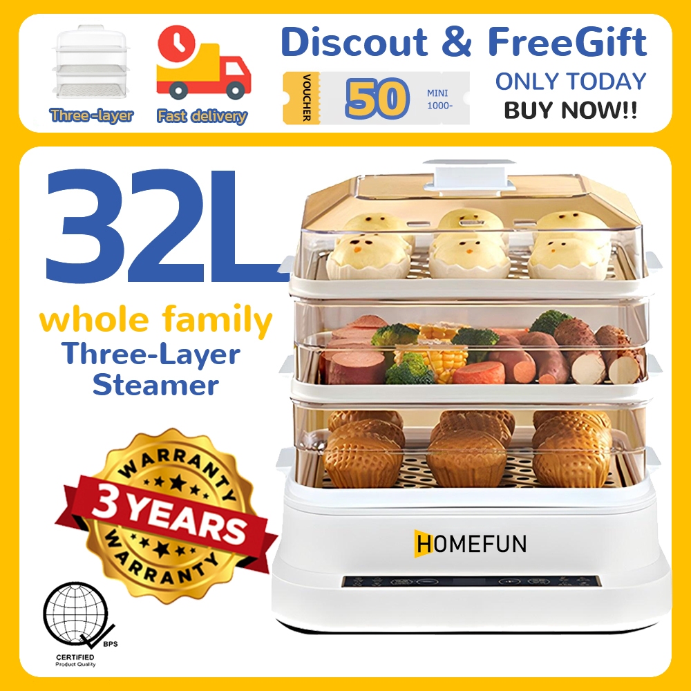 HOMEFUN Electric steamer 32L large-capacity timing three-layer Food ...