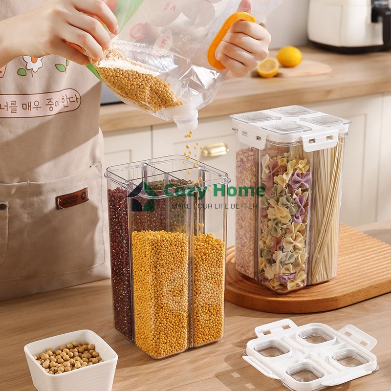 4 Grids Transparent Food Storage Containers Grain Storage Box With ...