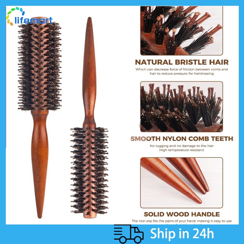 Round Comb Bristle Hair Brush Curling Rolling Brush Handle Wood Curling ...