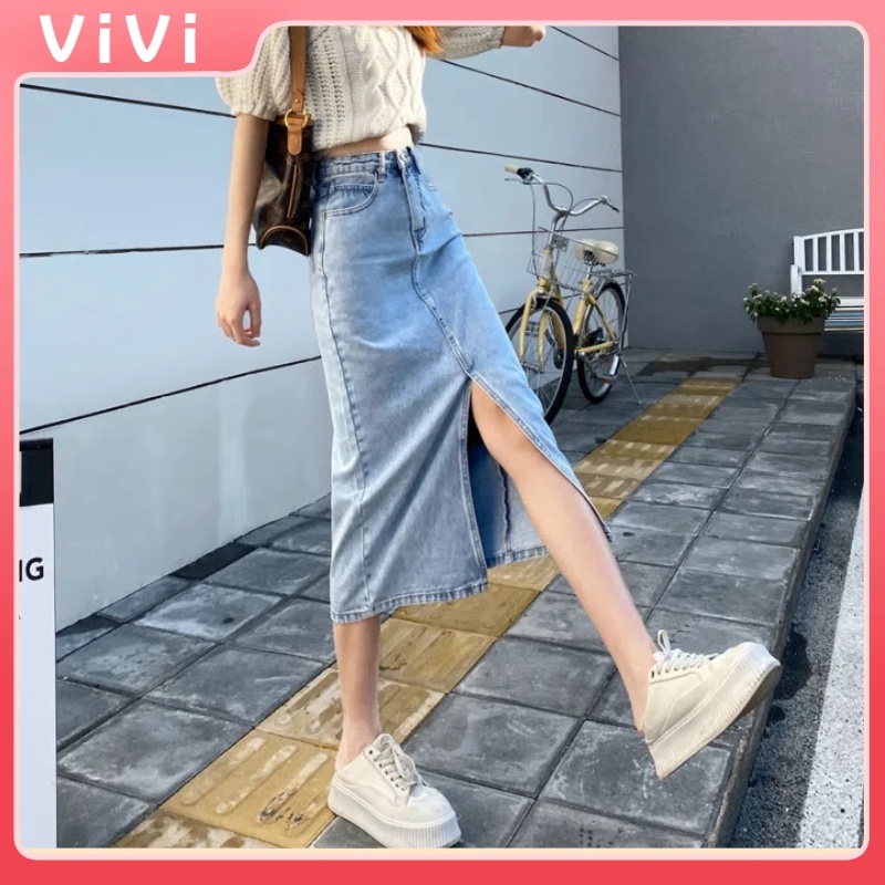 919 Jeasn Mataas na baywang Slit Denim Skirt Babae 2023 Bagong Summer A ...