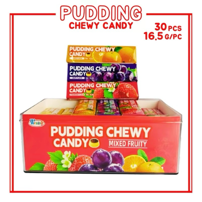 30pcs/1box Pudding Chewy Candy Mixed Fruity Strawberry /Grape /Orange Flavor Soft And Chewy ...