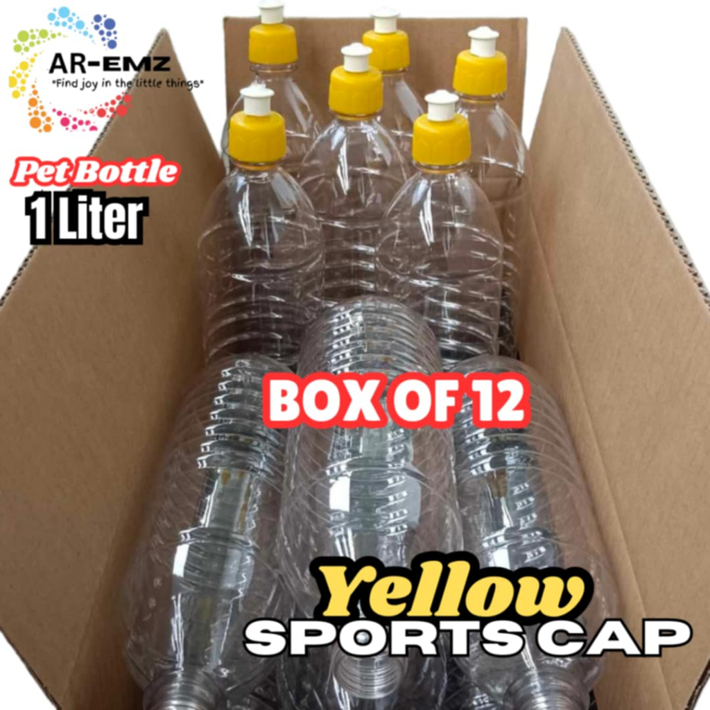 AR-Emz 12 PCS (1 Liter) Empty Clear Plastic Bottles W/ Yellow Sports ...